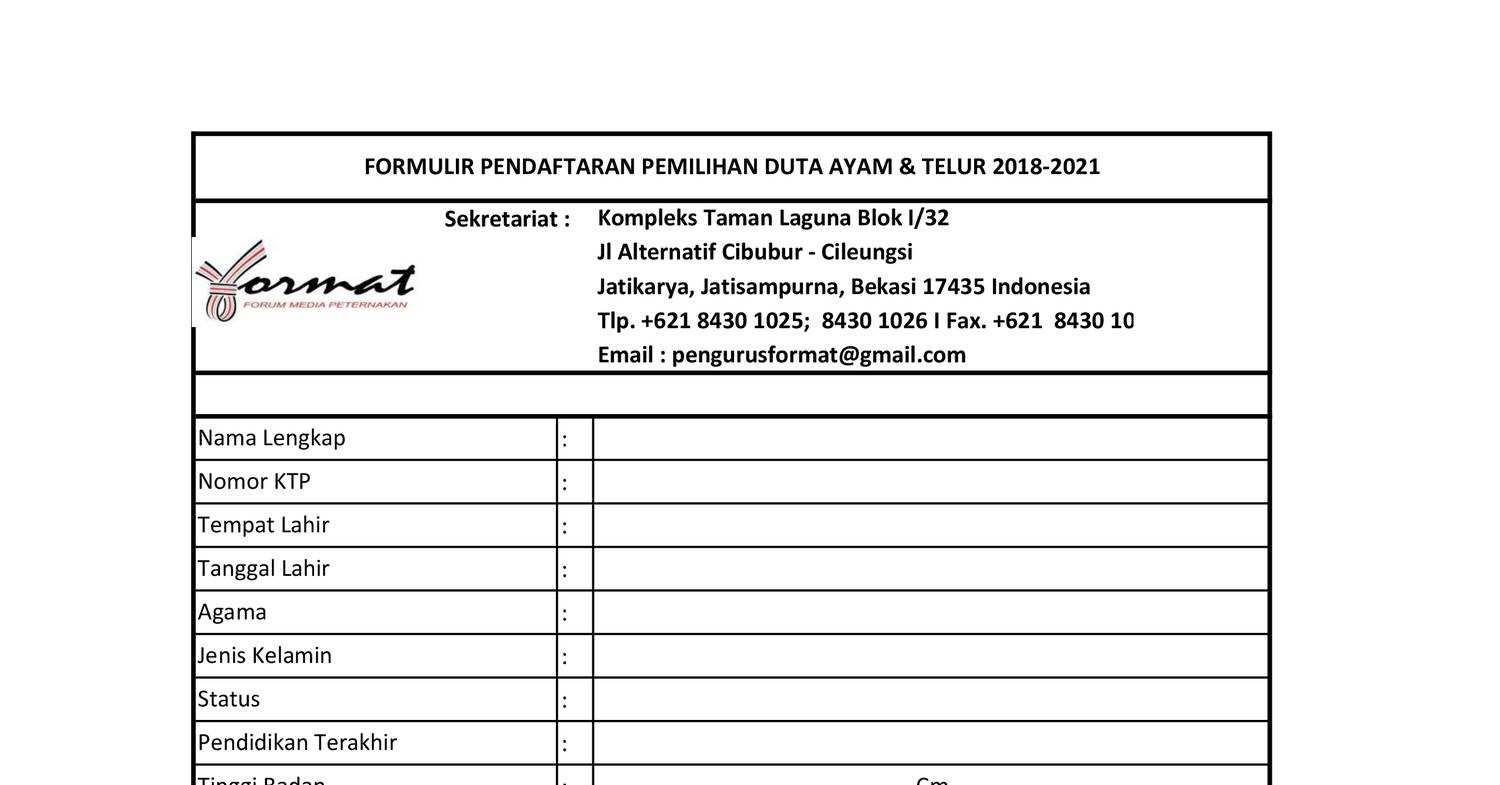 Formulir Pendaftaran Duta Ayam & Telur 2018 - 2021.xls | DocDroid