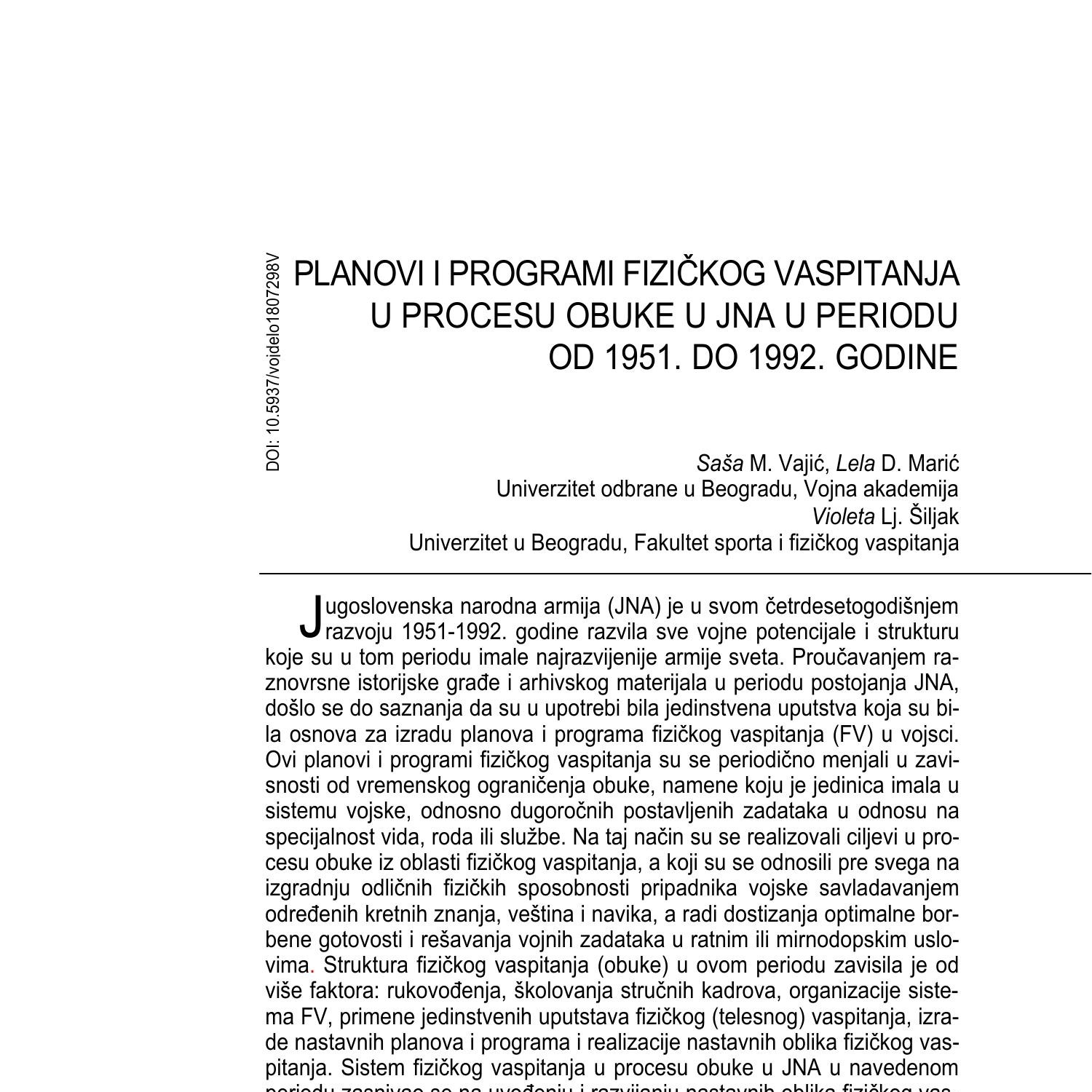 PLANOVI I PROGRAMI FIZIČKOG VASPITANJA U PROCESU OBUKE U JNA U PERIODU OD 1951. DO 1992. GODINE ...