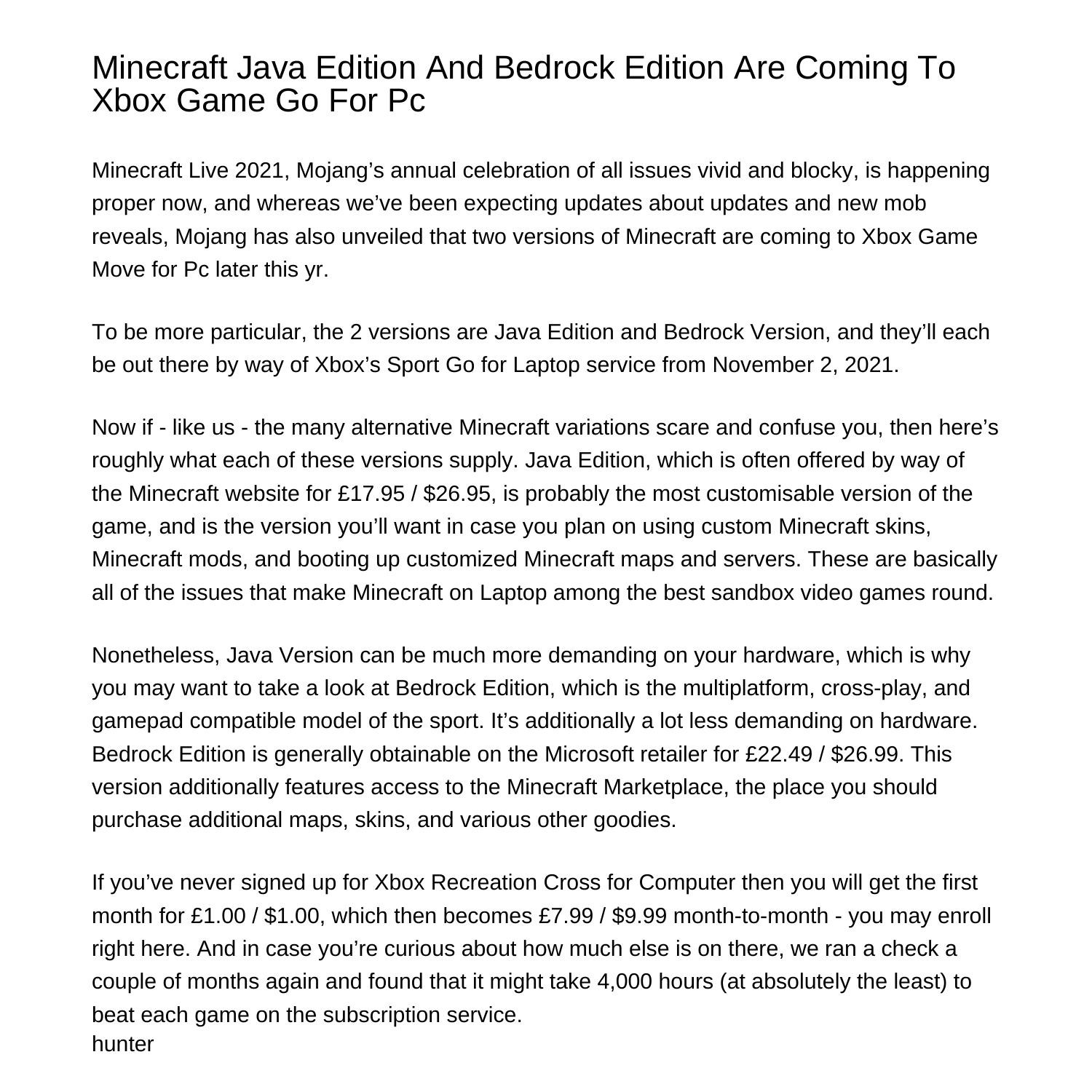 Minecraft Java Version And Bedrock Version Are Coming To Xbox Game Go ...