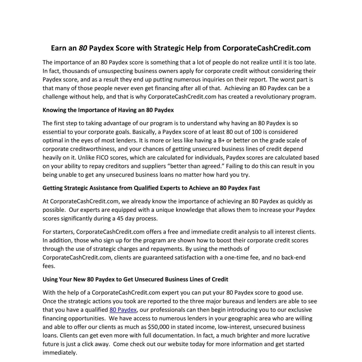 Earn an 80 Paydex Score with Strategic Help from CorporateCashCredit ...