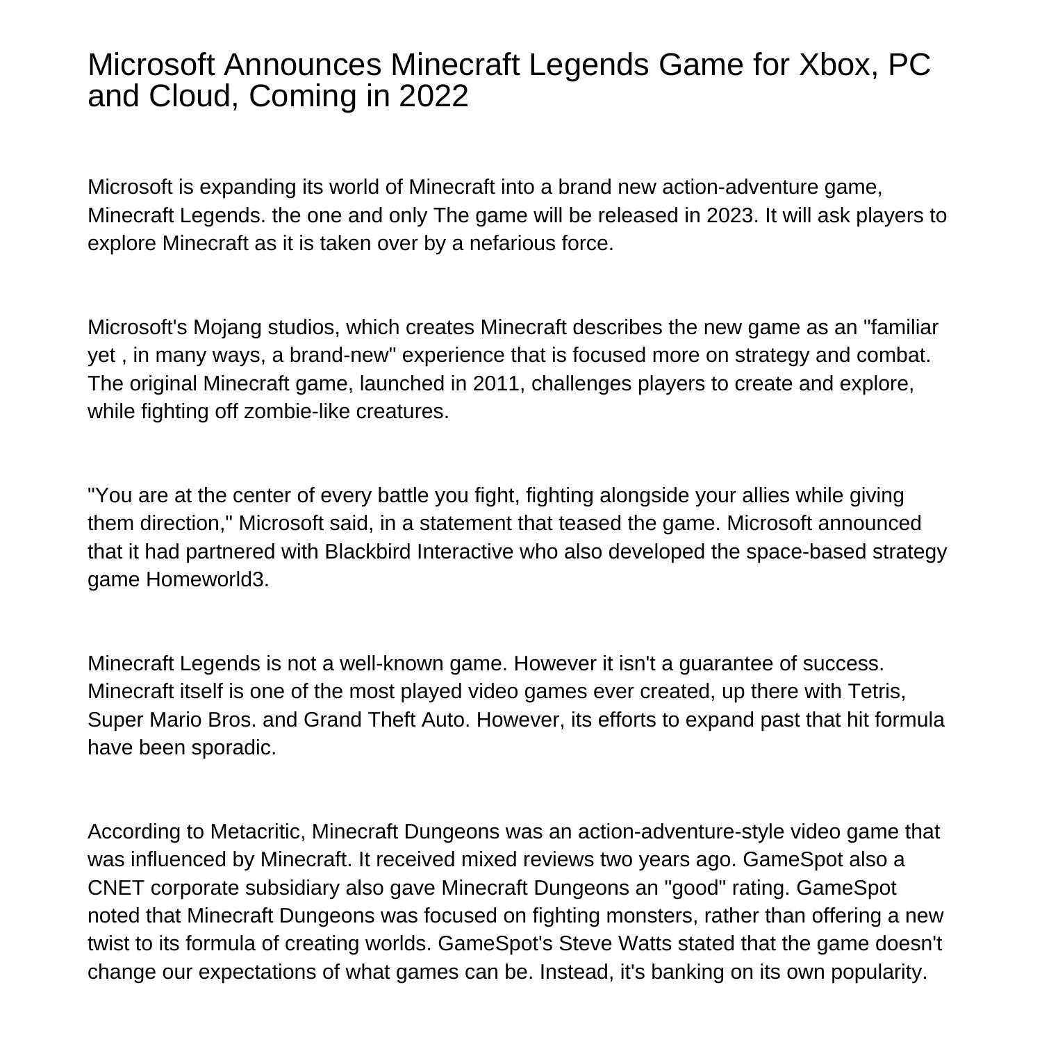 Microsoft Announces Minecraft Legends Game for Xbox PC and Cloud Coming ...