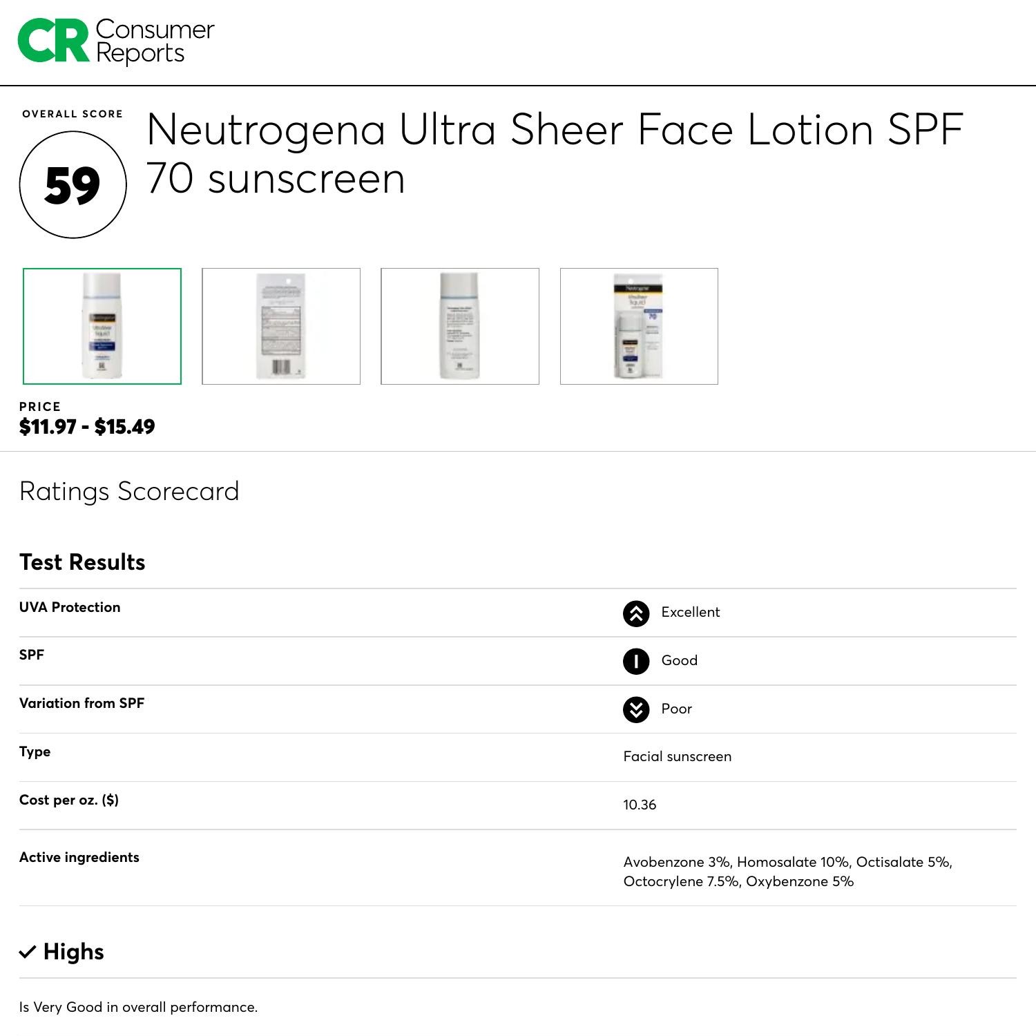 Neutrogena Ultra Sheer Face Lotion SPF 70 sunscreen - Consumer Reports ...