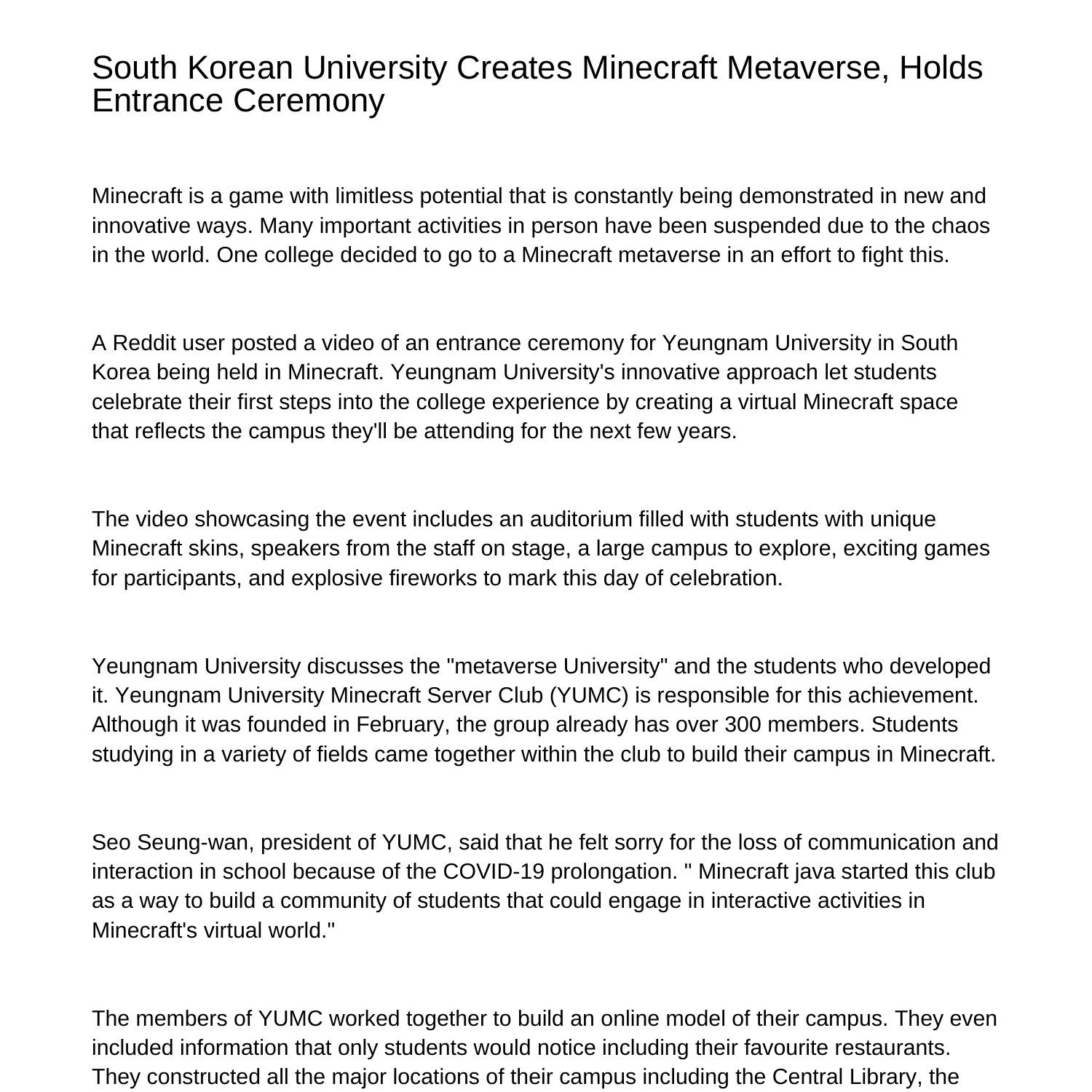 South Korean University Creates Minecraft Metaverse And Holds Entrance ...