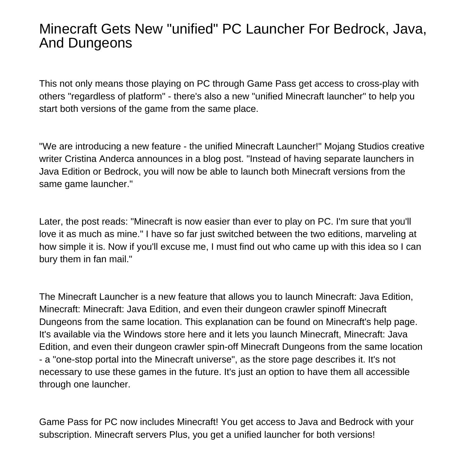 Minecraft Gets A New unified PC Launcher For Java And Bedrockekroi.pdf ...