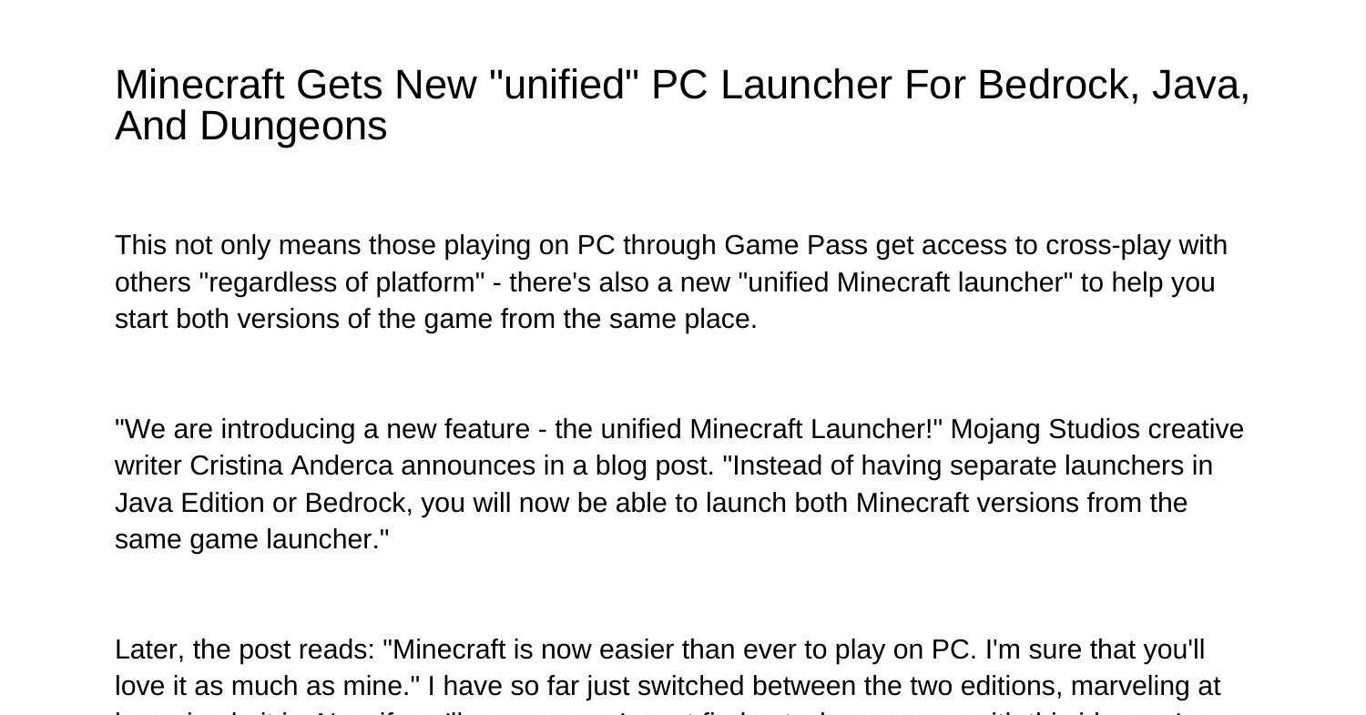 Minecraft Gets A New unified PC Launcher For Java And Bedrockekroi.pdf ...
