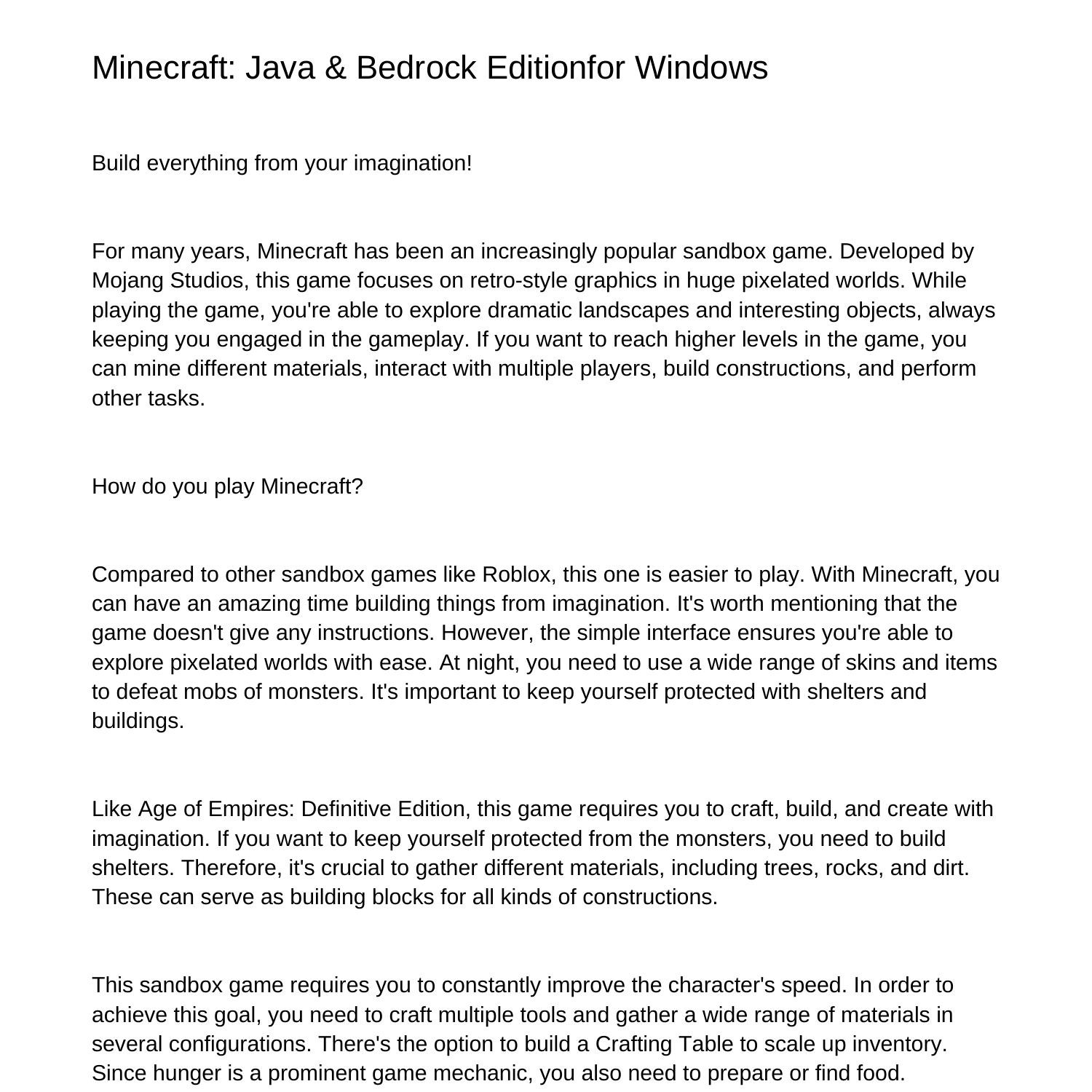 Minecraft Java Bedrock Editionfor Windowsvsxle.pdf.pdf | DocDroid