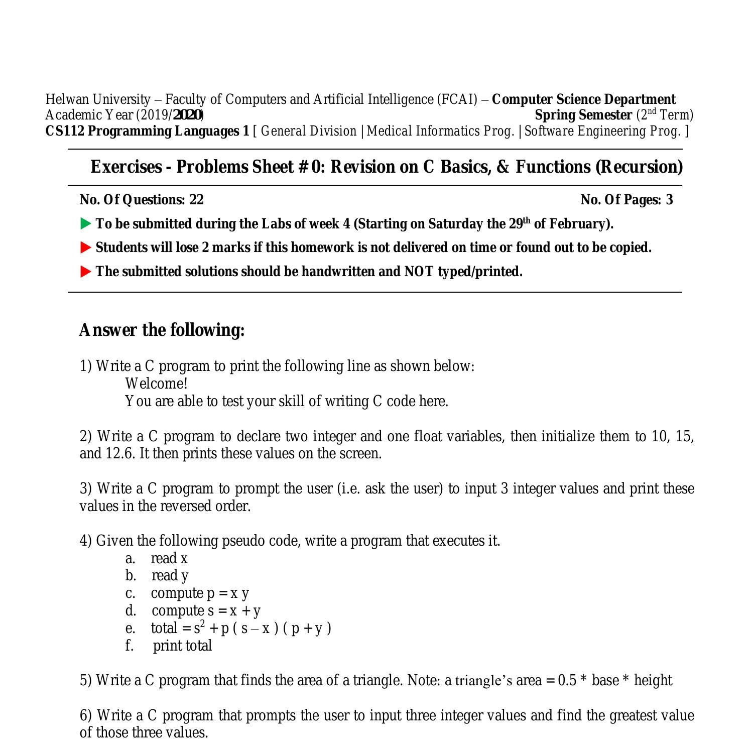 CS112 - Exercises (Problems Sheet 0) - Spring 2020.pdf | DocDroid