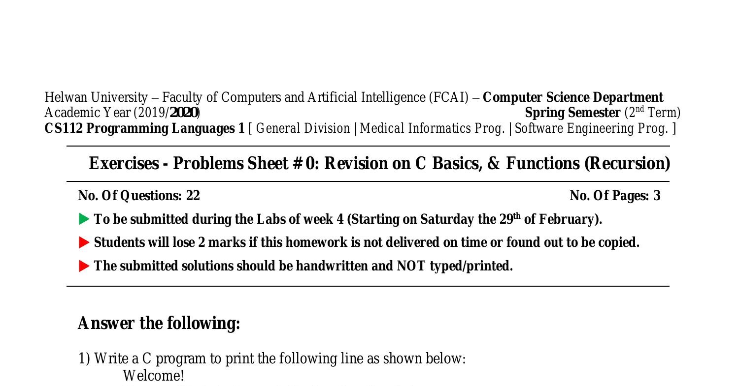 CS112 - Exercises (Problems Sheet 0) - Spring 2020.pdf | DocDroid