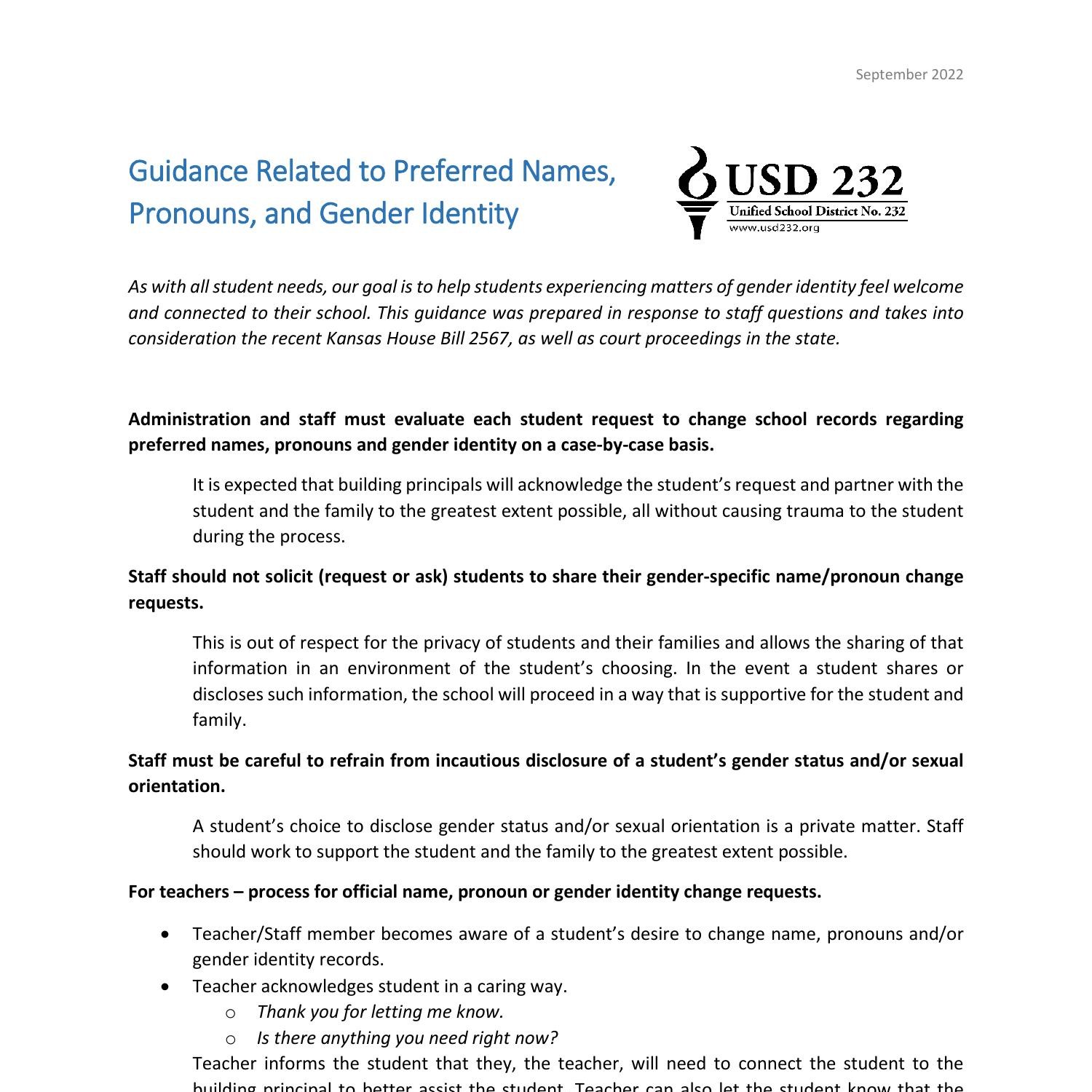 Guidance related to preferred names pronouns and gender identity 2022 ...