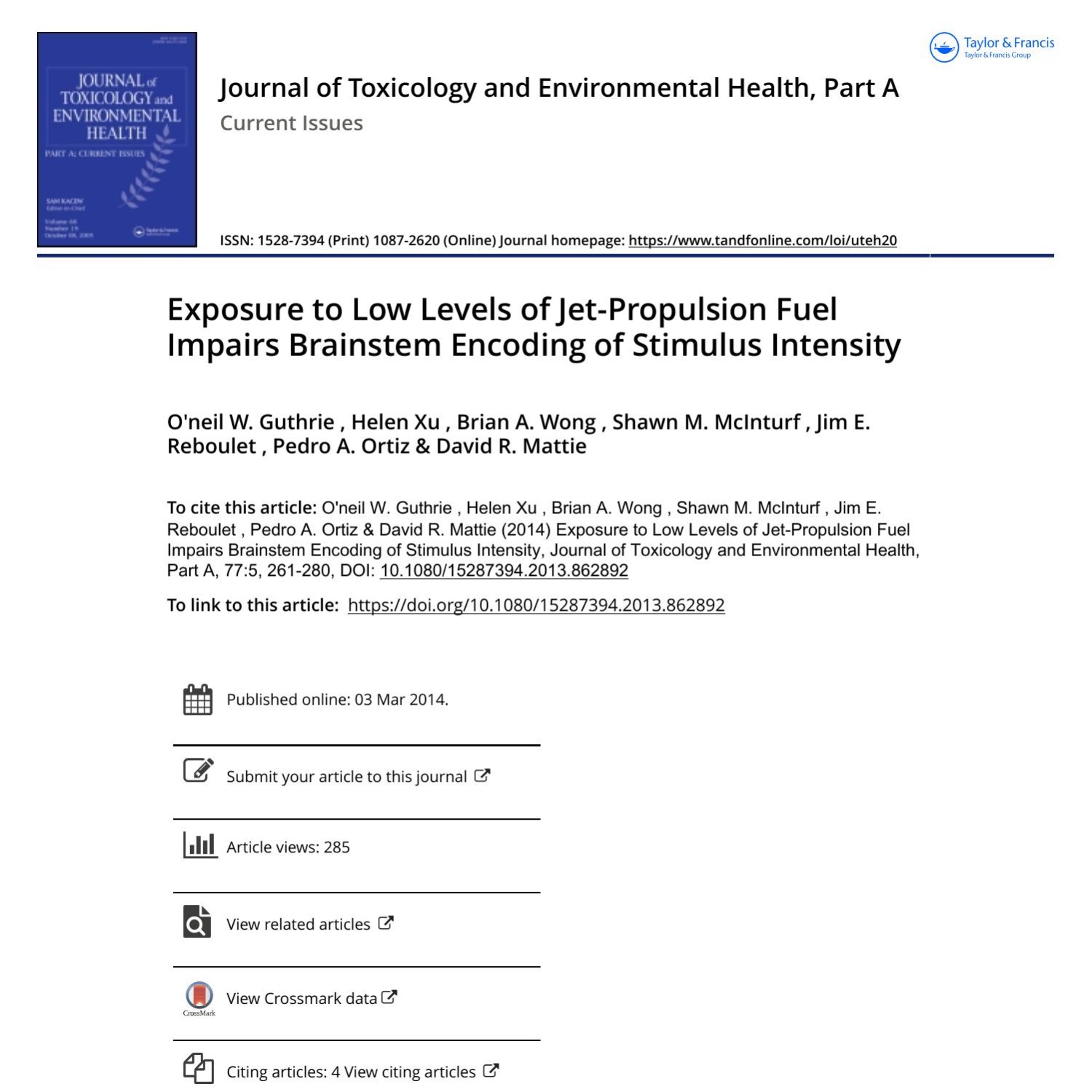 Exposure to Low Levels of Jet Propulsion Fuel Impairs Brainstem ...