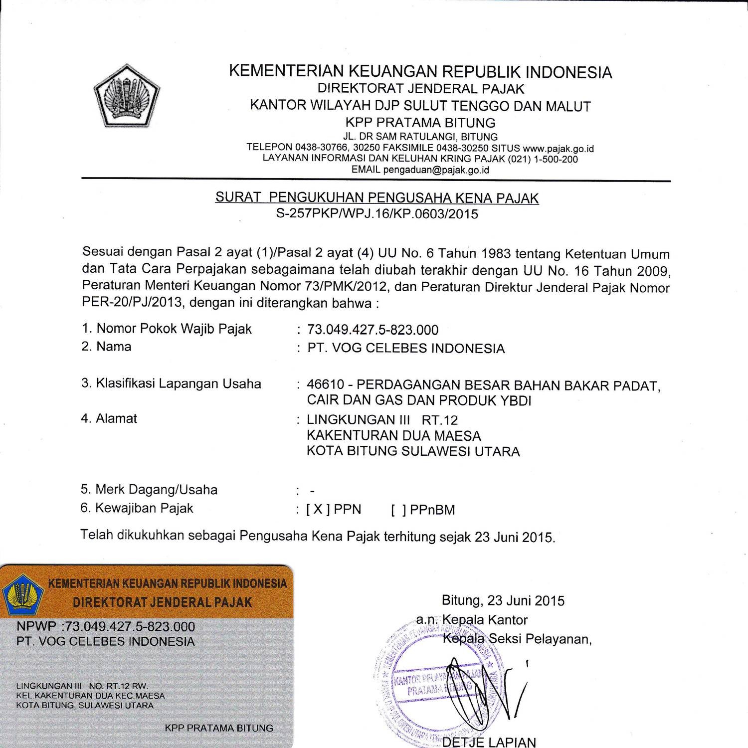 NPWP & SPPKP PT. VOG CELEBES INDONESIA.pdf | DocDroid