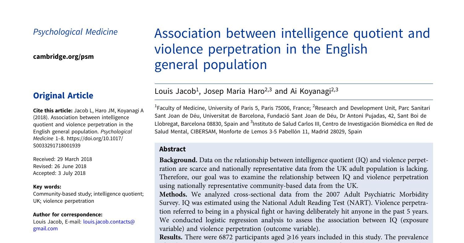 Association between intelligence quotient and violence perpetration in ...