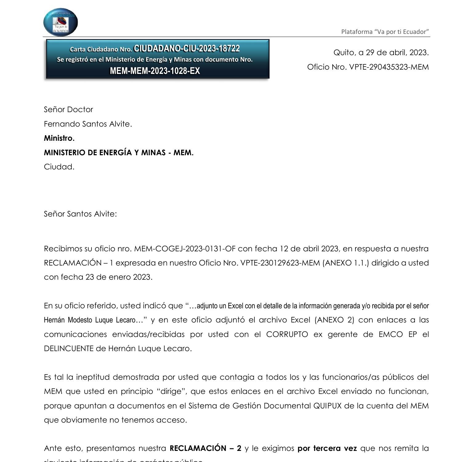 Oficio Nro. VPTE-290435323-MEM (RECLAMACIÓN 2 - A Santos Alvite - Responda contactos con Carrera ...