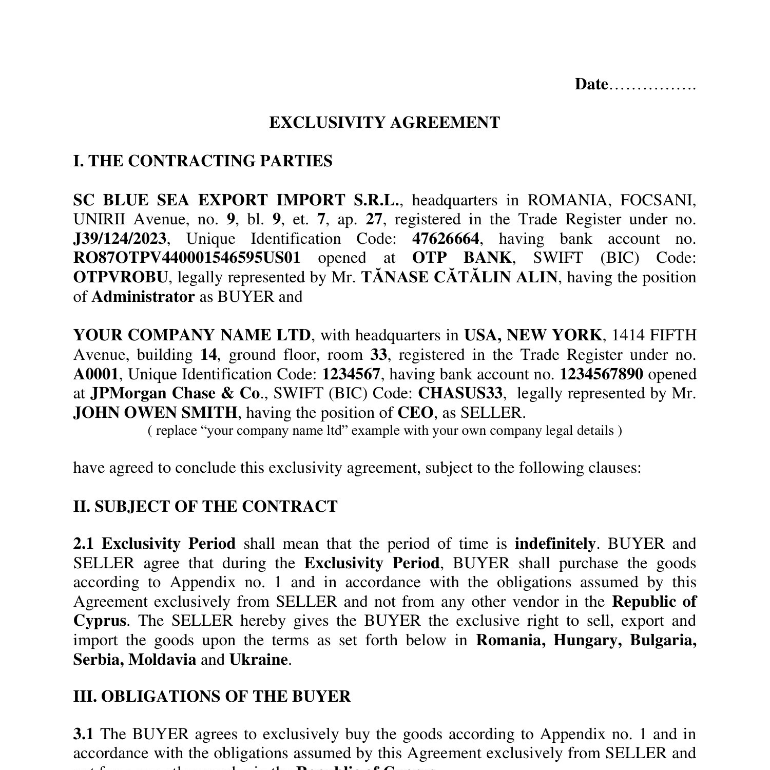 EXCLUSIVITY AGREEMENT MODEL BLUE SEA EXPORT IMPORT SRL.doc | DocDroid