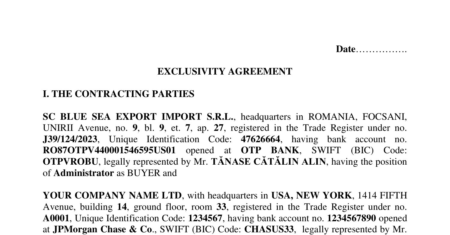 EXCLUSIVITY AGREEMENT MODEL BLUE SEA EXPORT IMPORT SRL.doc | DocDroid