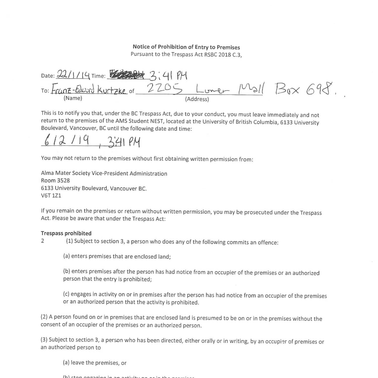 Notice of Prohibition of Entry to the Premises (Franz-Edward Kurtzke ...