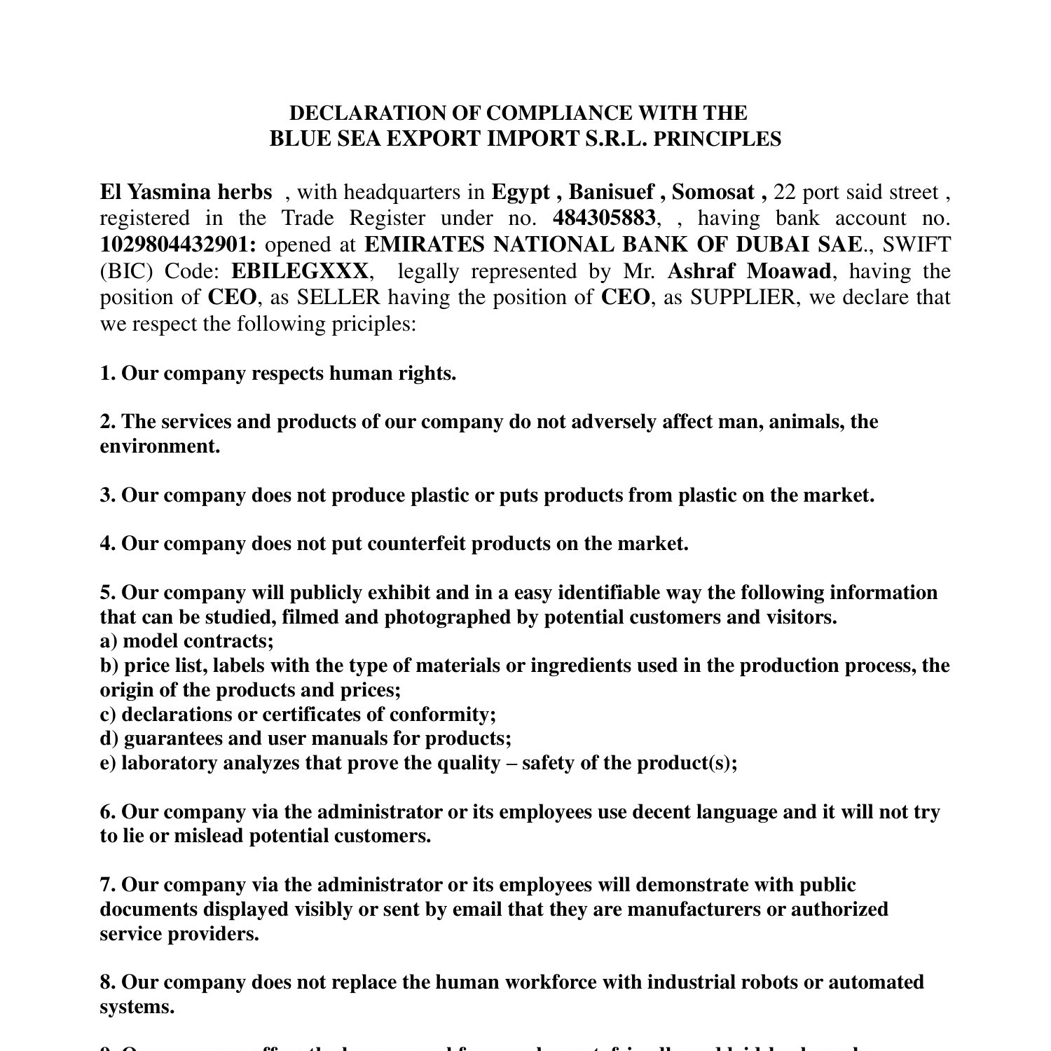 DECLARATION OF COMPLIANCE WITH THE BLUE SEA EXPORT IMPORT PRINCIPLES.pdf | DocDroid