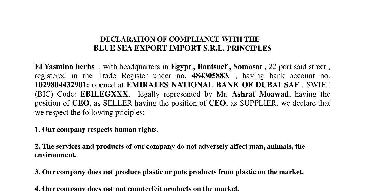 DECLARATION OF COMPLIANCE WITH THE BLUE SEA EXPORT IMPORT PRINCIPLES.pdf | DocDroid