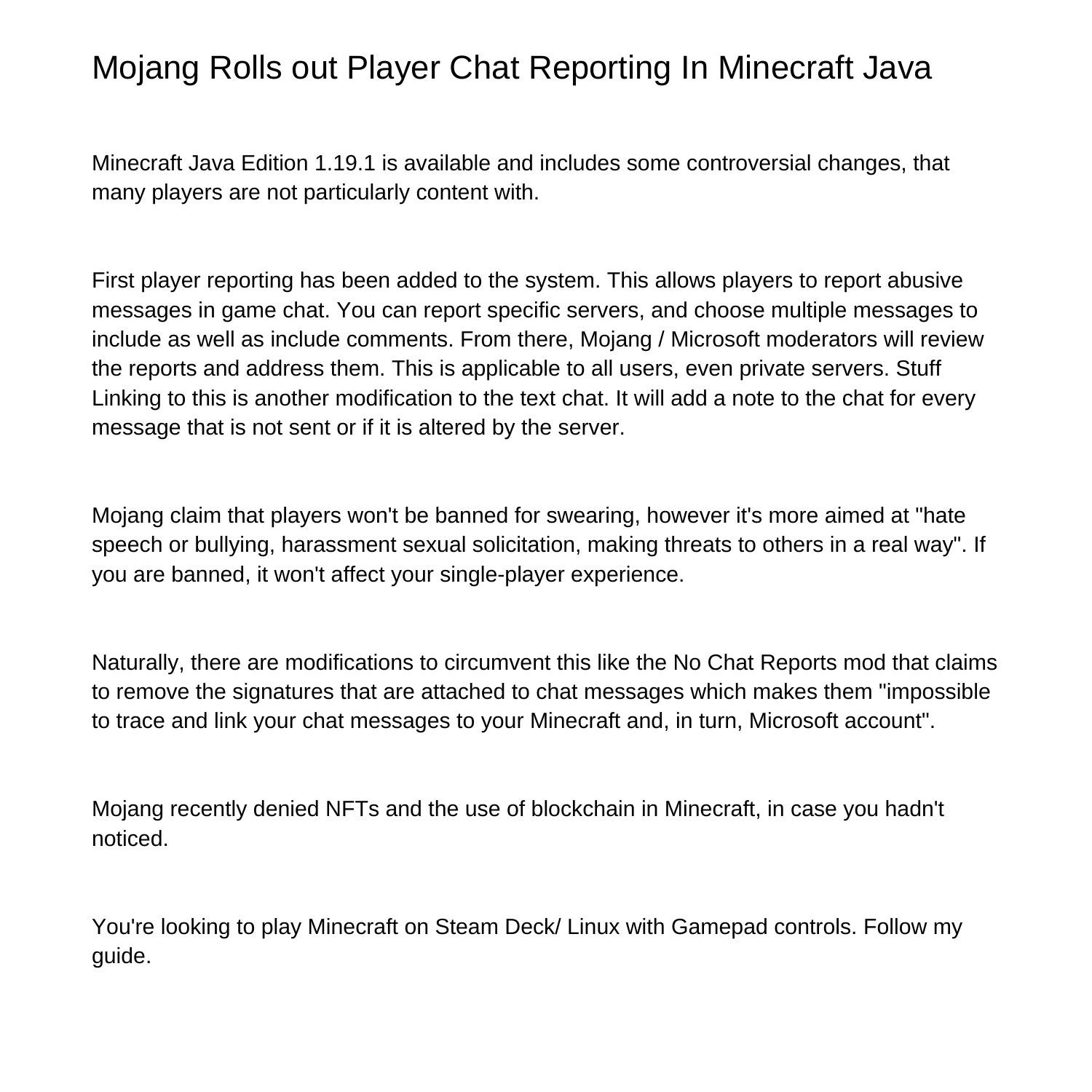 Mojang Rolls out Player Chat Reporting into Minecraft Javaozvmx.pdf.pdf ...