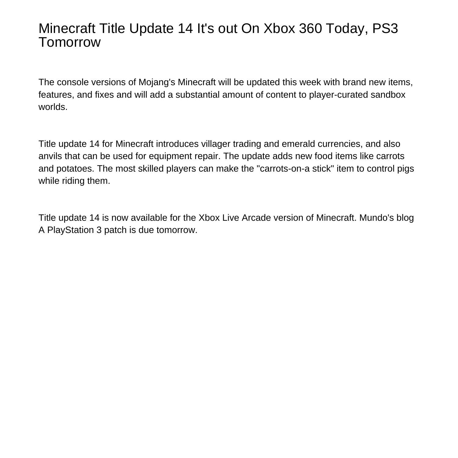 Minecraft Title Update 14 Released Xbox 360 Today PS3 Tomorrowpncpa.pdf.pdf | DocDroid