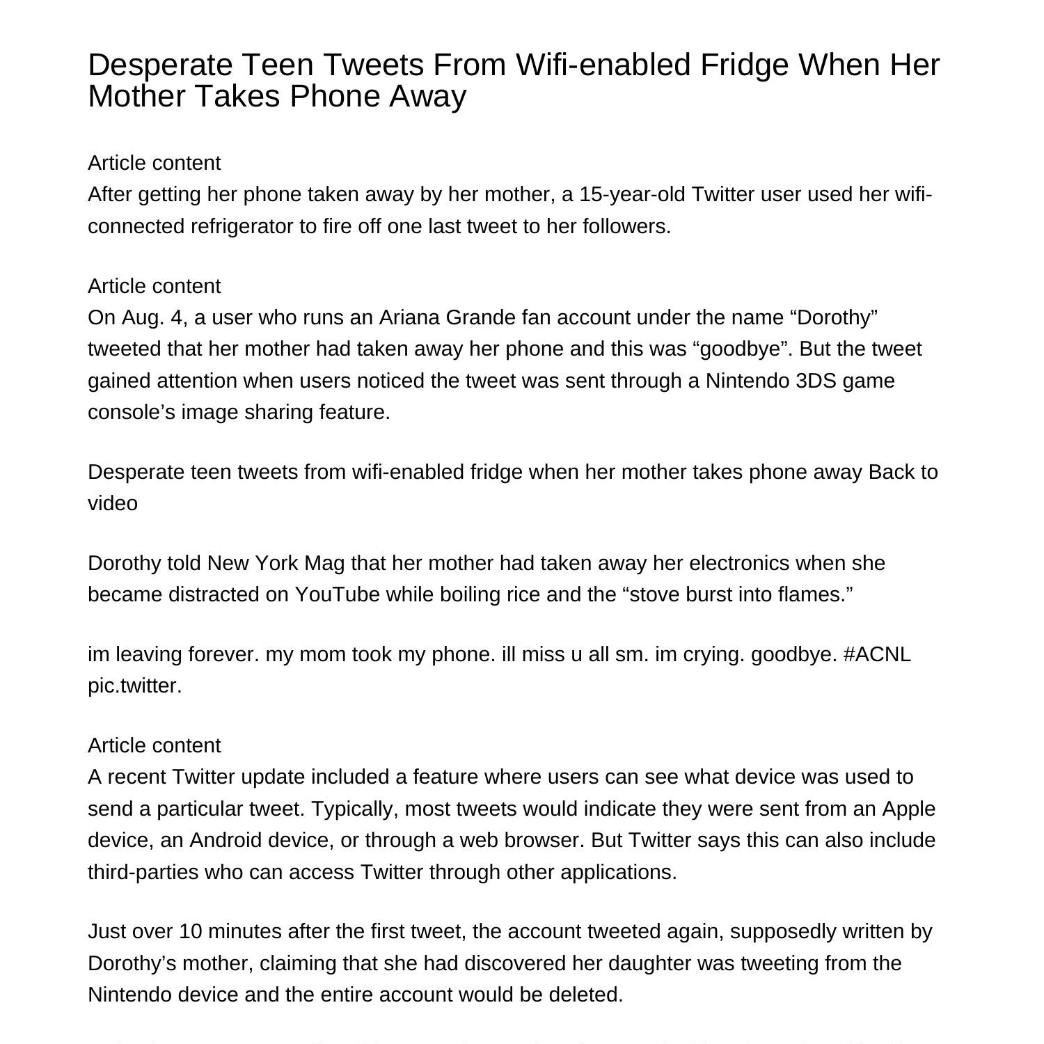 Desperate Teen Tweets From Wifienabled Fridge When Her Mother Takes ...
