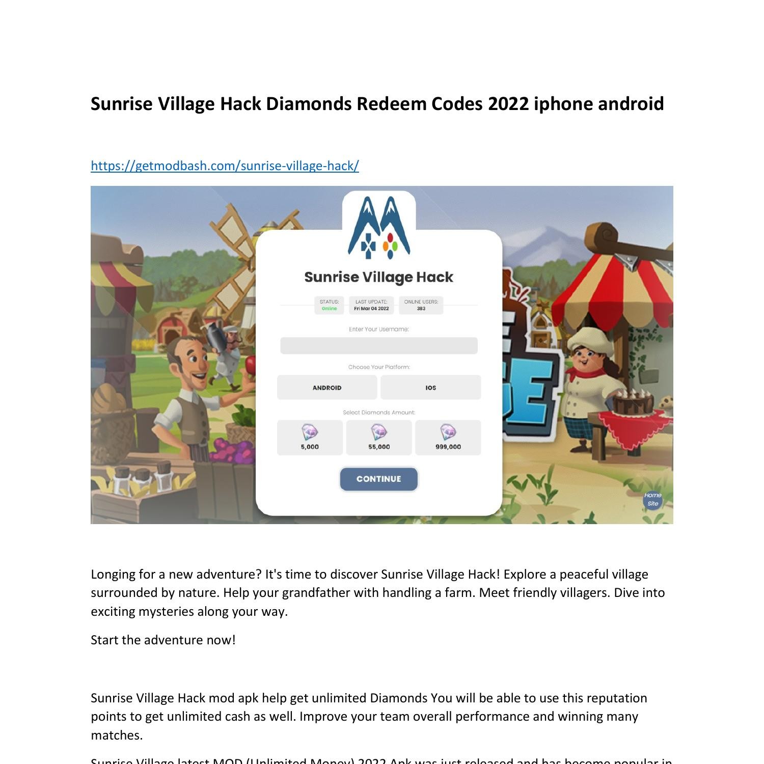 Sunrise Village Hack Diamonds Redeem Codes 2022 iphone android.pdf | DocDroid