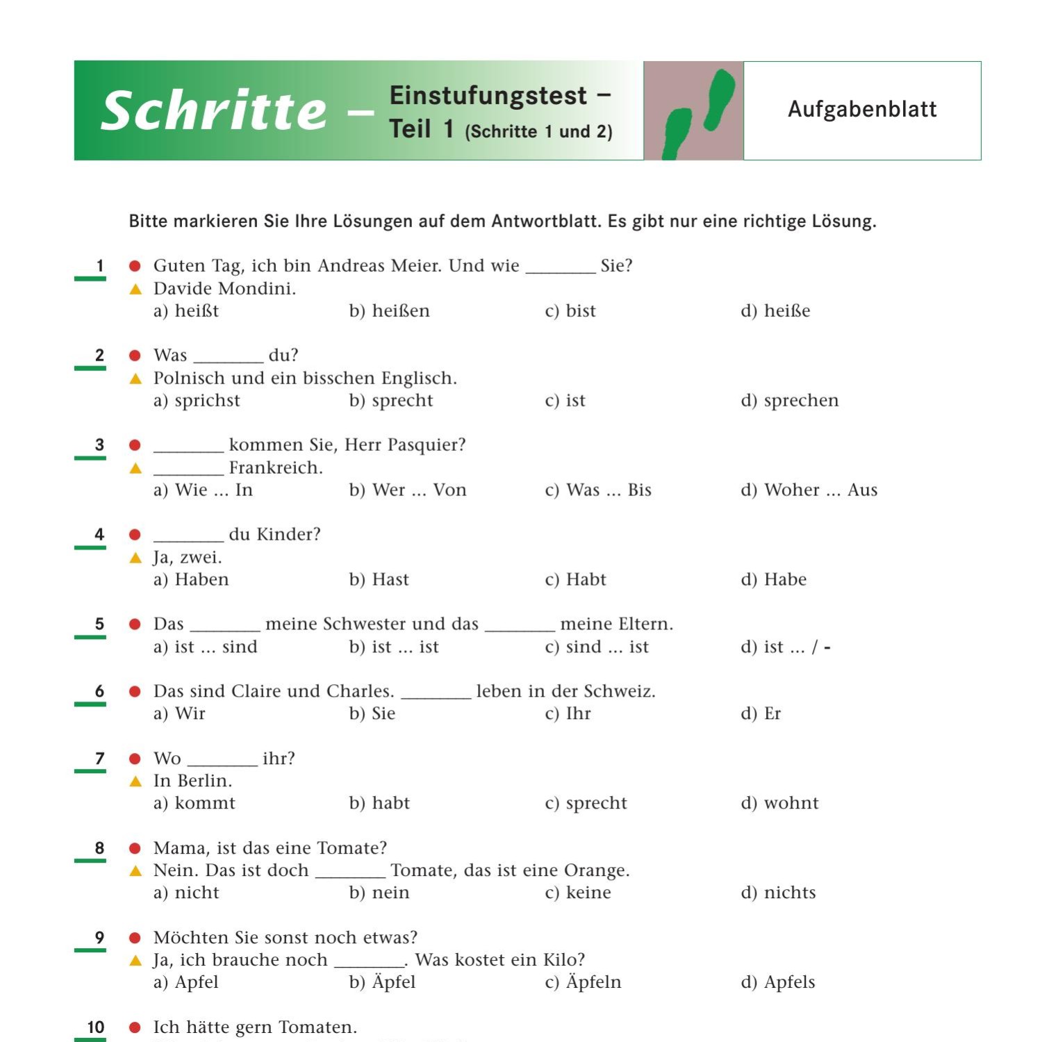 Schritte Einstufungstest Teil 1 Fragen 1