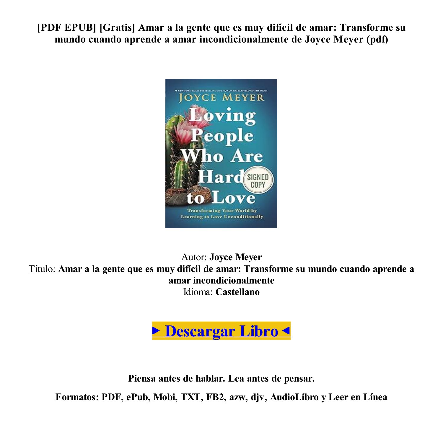[EPUB PDF] (Gratis) Amar a la gente que es muy difícil de amar de Joyce Meyer MOBI.pdf | DocDroid
