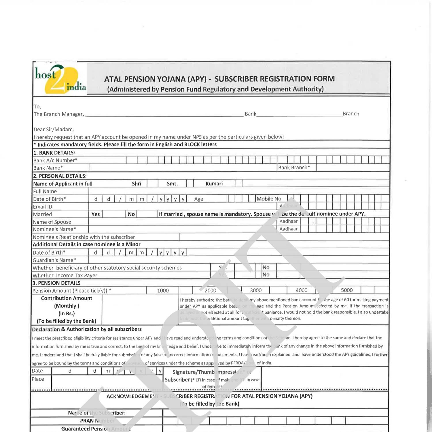 APY Subscriber Registration Form With Provisional Acknowledgement pdf
